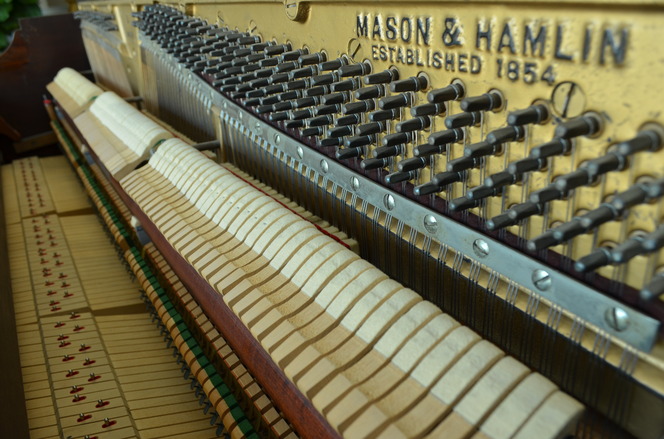 1950 Mason & Hamlin console piano, flame mahogany